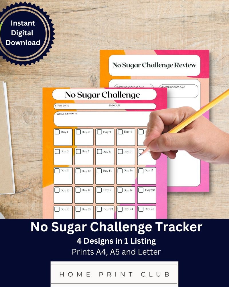 30 Day No Sugar Challenge Tracker and Review, Sugar Free Challenge ...