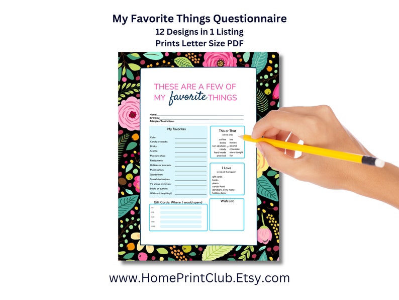 My Favorite Things Gift Questionnaire, Favorite Things Survey, Gift ...