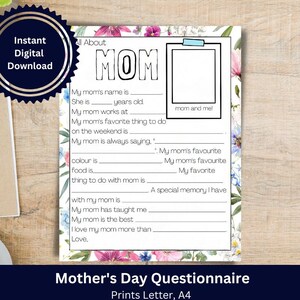 Mother's Day Questionnaire, Printable Mother's Day Activity, Mom Gift ...