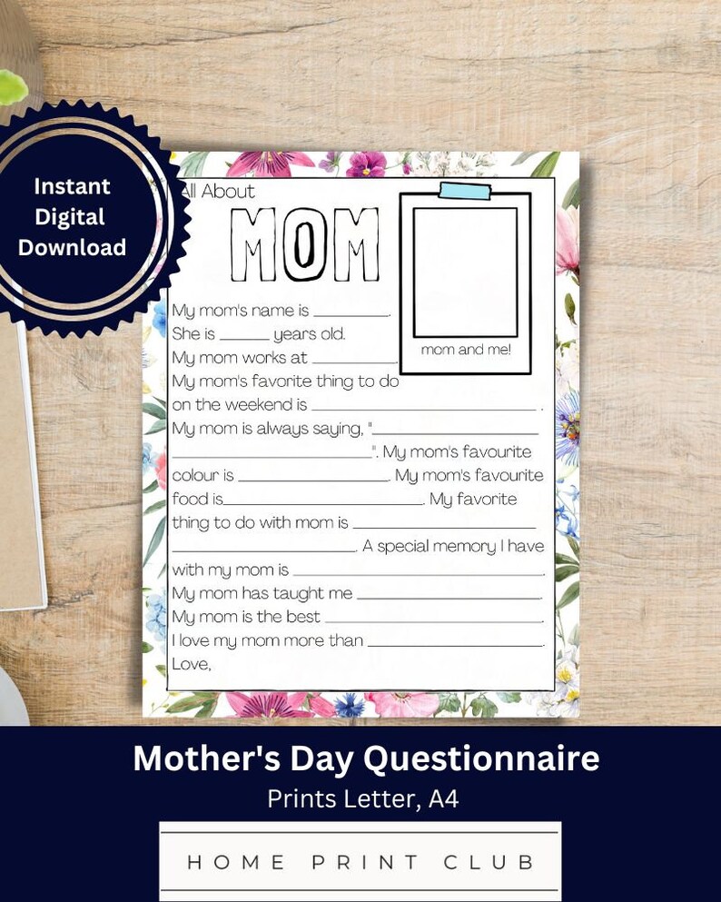 Mother's Day Questionnaire, Printable Mother's Day Activity, Mom Gift ...