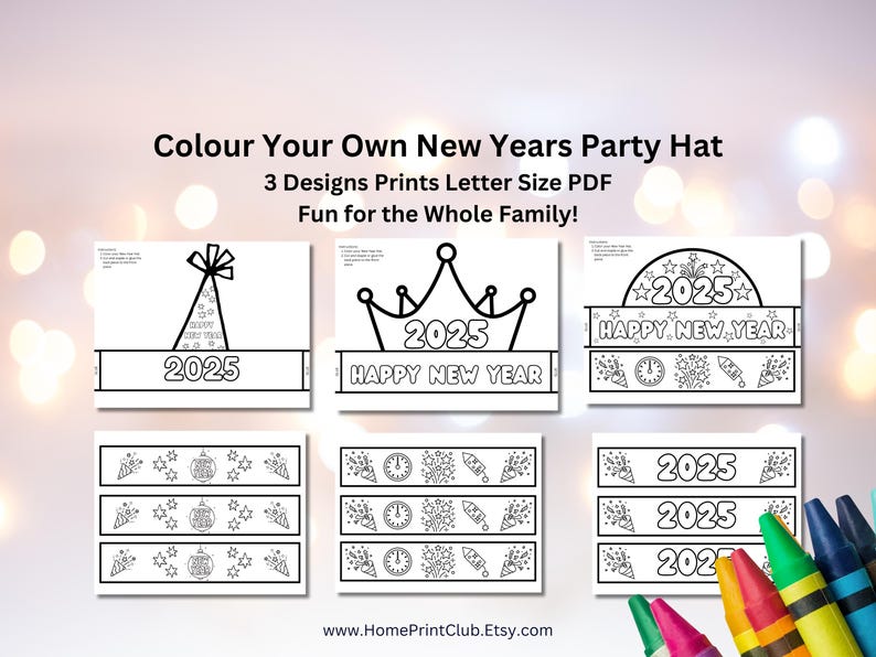 Kids New Years Eve 2025 Printable and Color Party Crown Hats, Printable ...