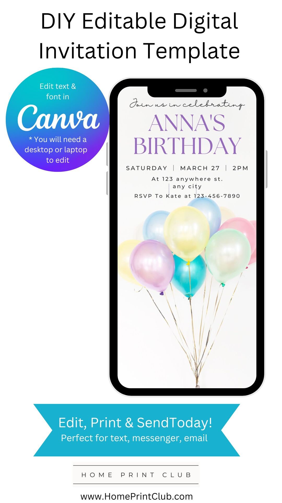 DIY Editable Digital Birthday Invitation Template, Evite, Electronic ...