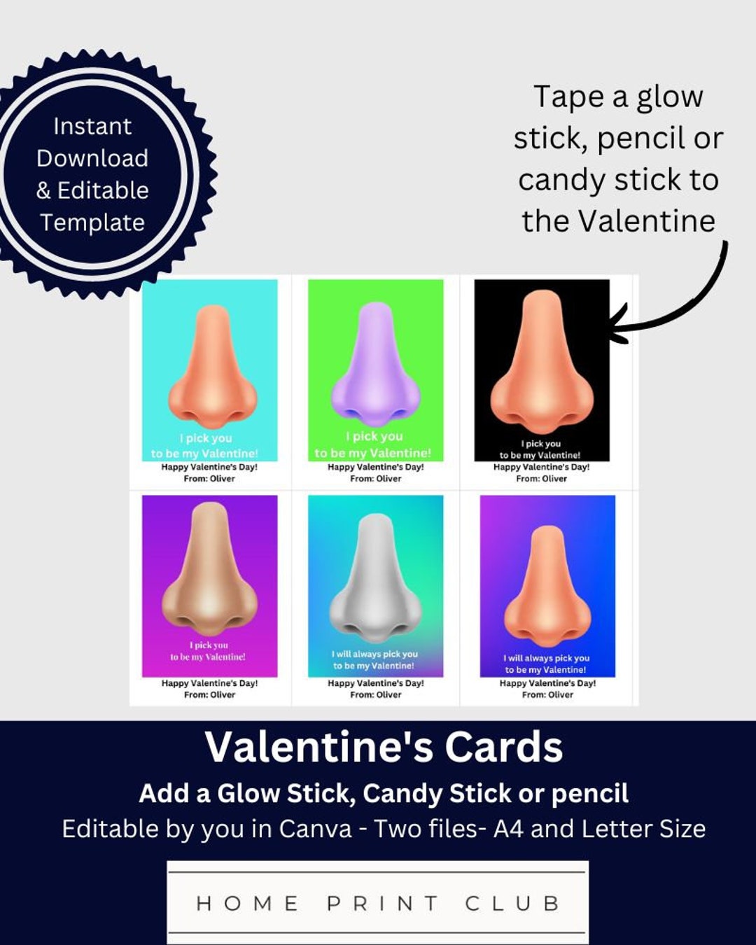 Editable Funny Nose Picking Valentines, Classroom Glow Stick Valentines ...
