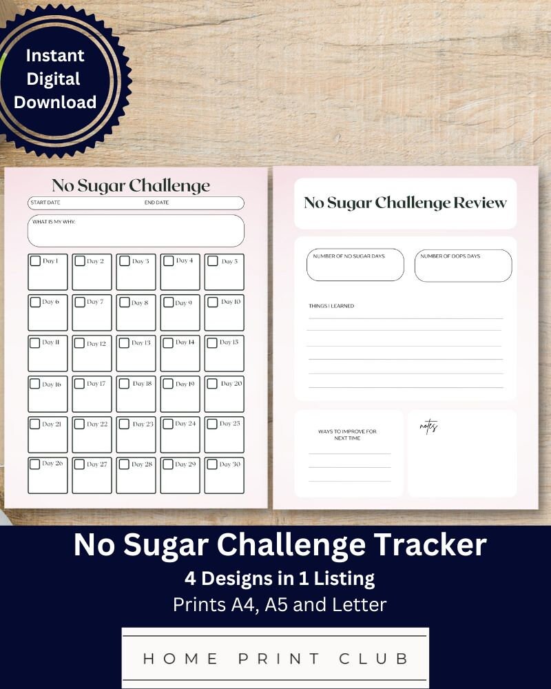 30 Day No Sugar Challenge Tracker and Review, Sugar Free Challenge ...