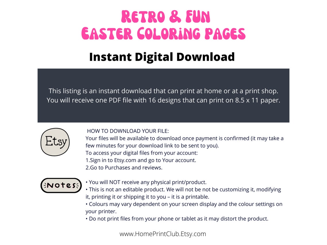 Retro Easter Printable Coloring Pages, Printable PDF Easter Party ...