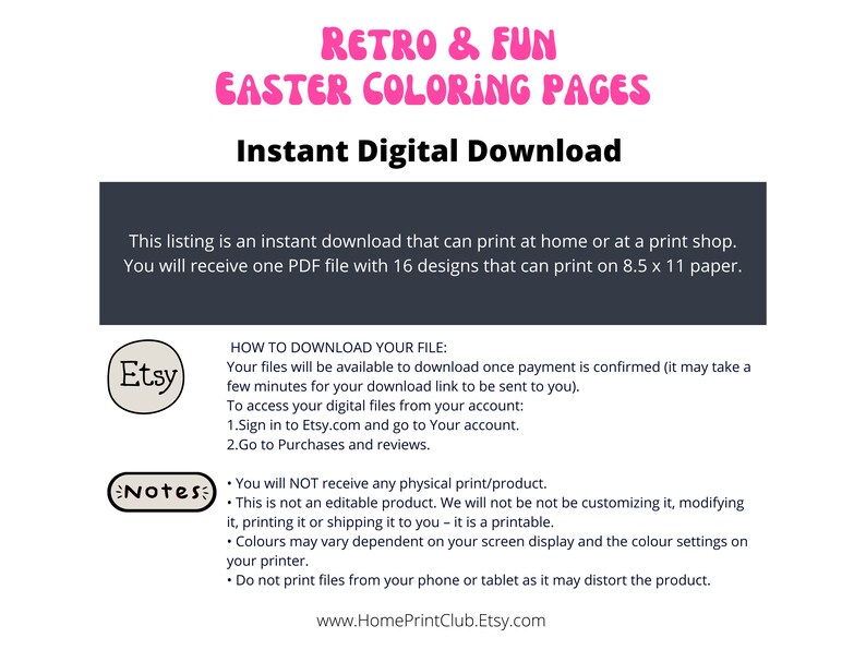 Retro Easter Printable Coloring Pages, Printable PDF Easter Party ...