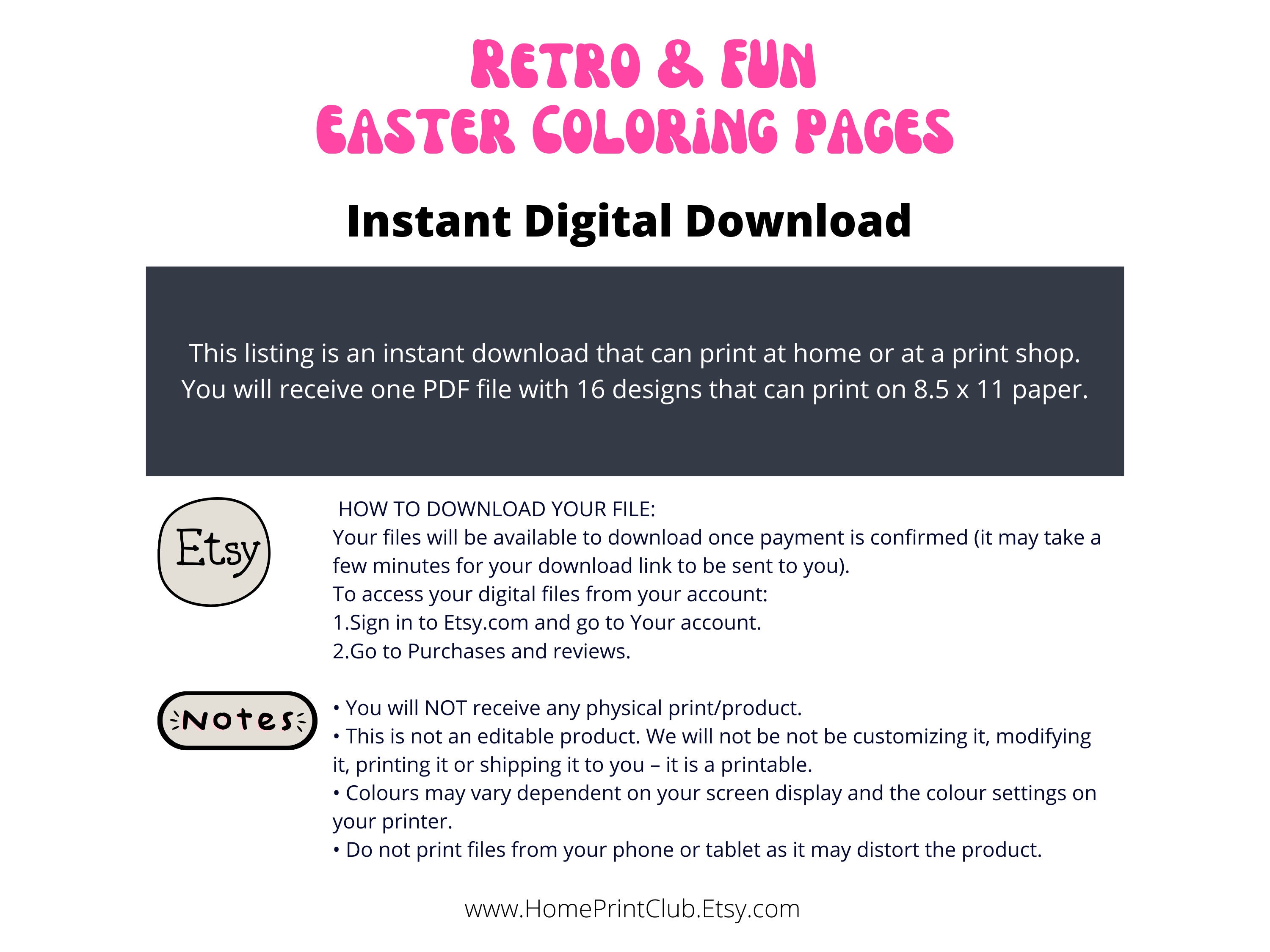 Retro Easter Printable Coloring Pages, Printable PDF Easter Party ...