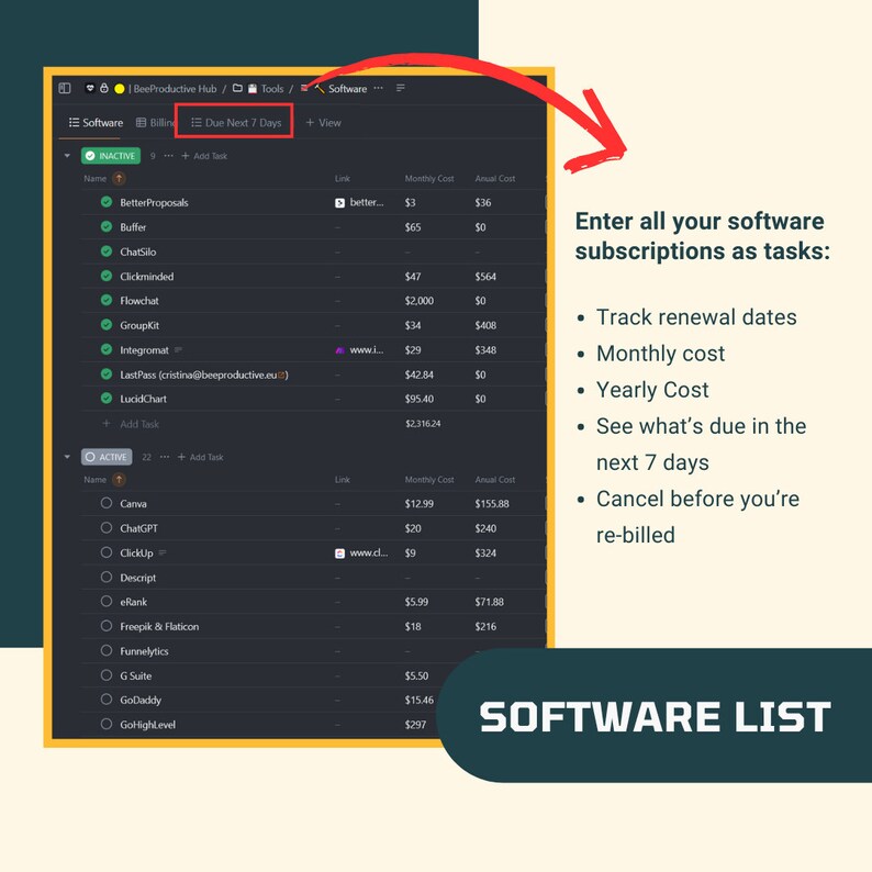 Clickup Subscription Tracker Template Monthly Subscription Organizer ...