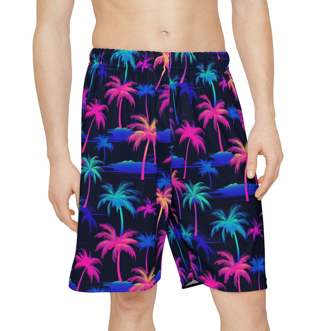 Vibrant Neon Palm Tree Men's Shorts - Bright Tropical Rave Wear ...