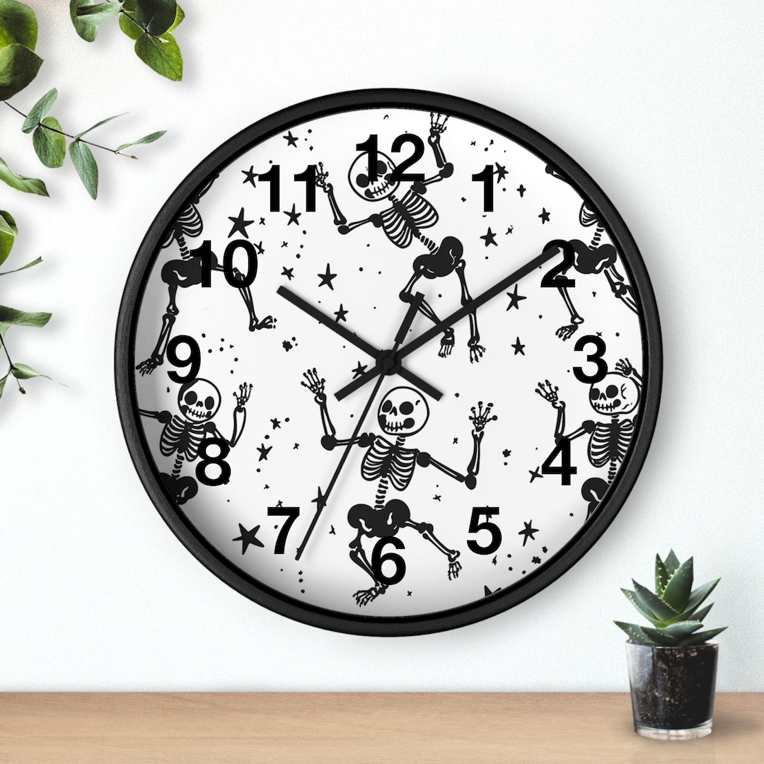 Cute Dancing Skeletons Wall Clock Battery Operated Goth Style Skeleton ...