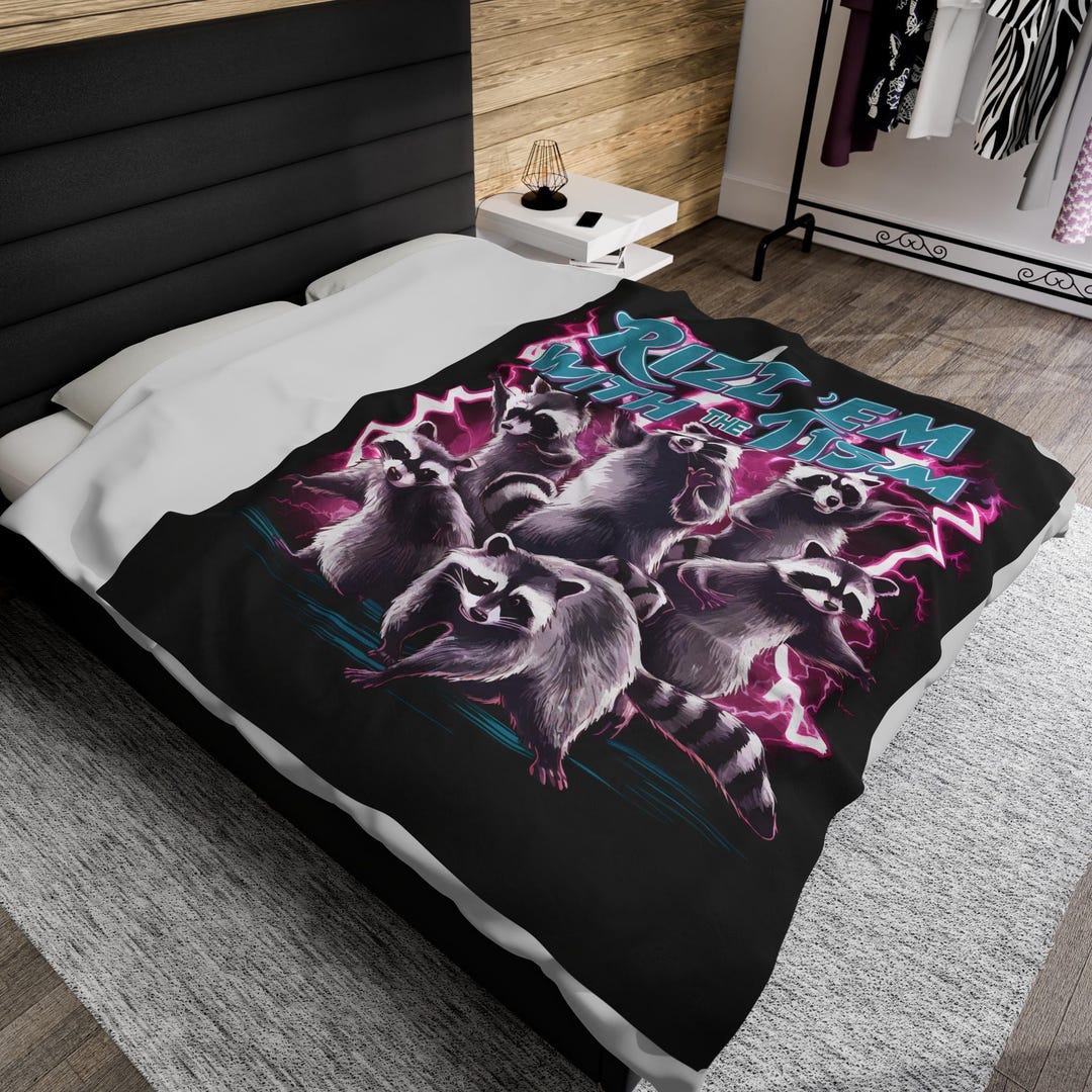 Rizz With Tizzim Raccoon Velveteen Plush Throw Blanket | Funny Raccoon ...