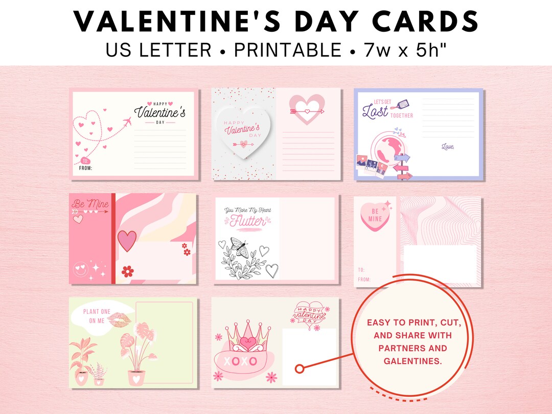Set of Eight 7x5 Printable Valentine's Day Cards Unique Designs - Etsy