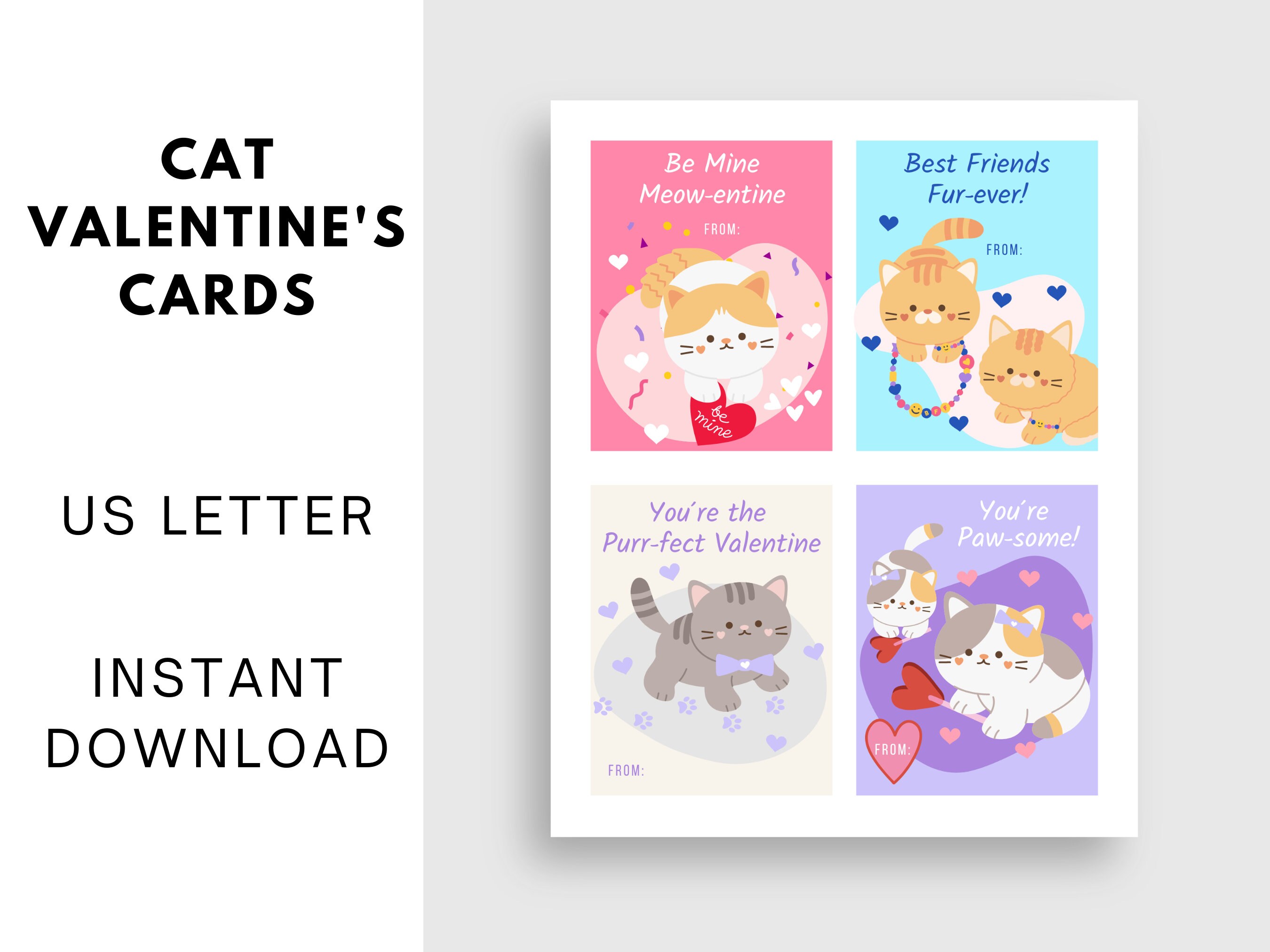 Purr-fect Printable Cat Valentine's Day Cards, Cat Pun, Classroom ...