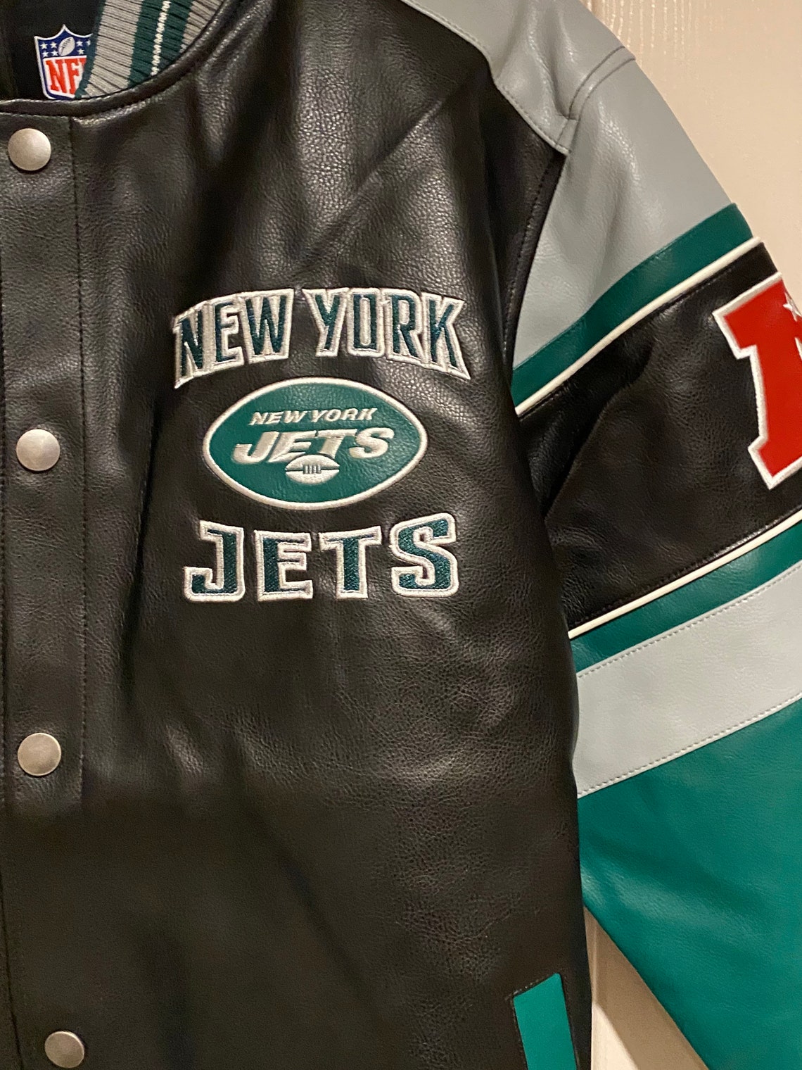 Official NFL Football Jacket New York Jets Faux Leather New Button Down ...