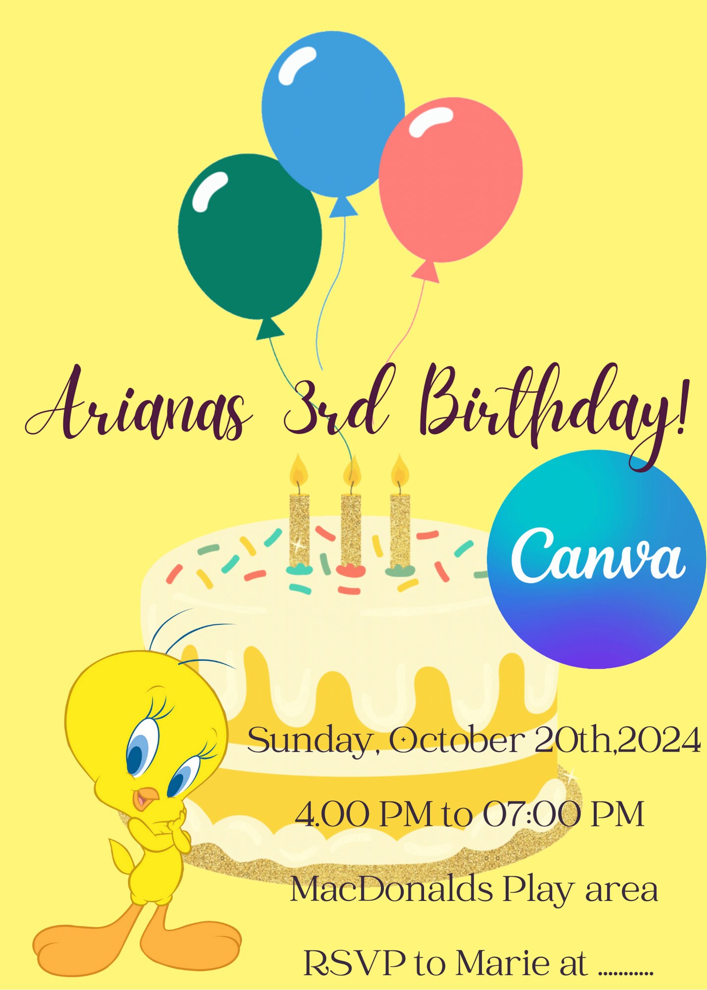 Tweety Themed Kids Invitation Template - Etsy