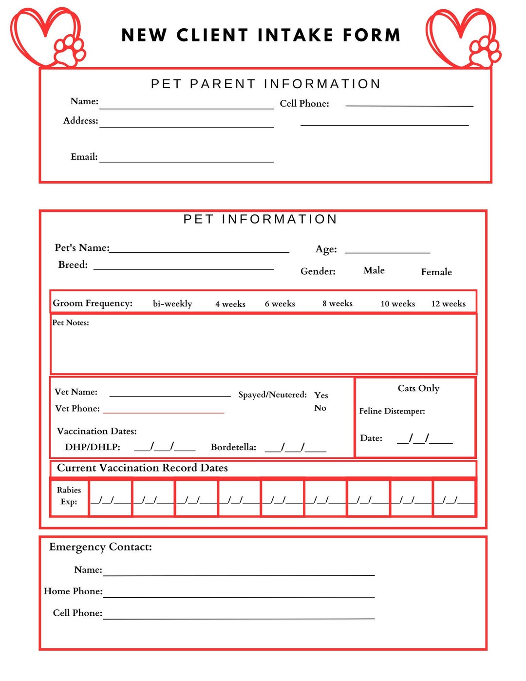 Dog Grooming Intake Client Form red - Etsy Australia