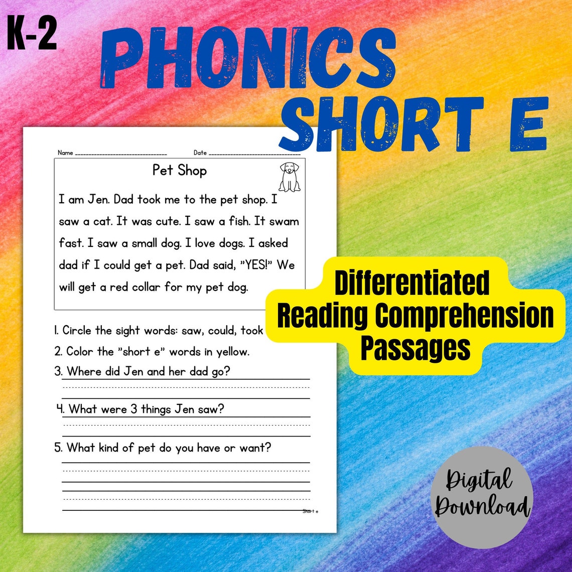 Differentiated Phonics (short E) Story Passage Reading Comprehension ...