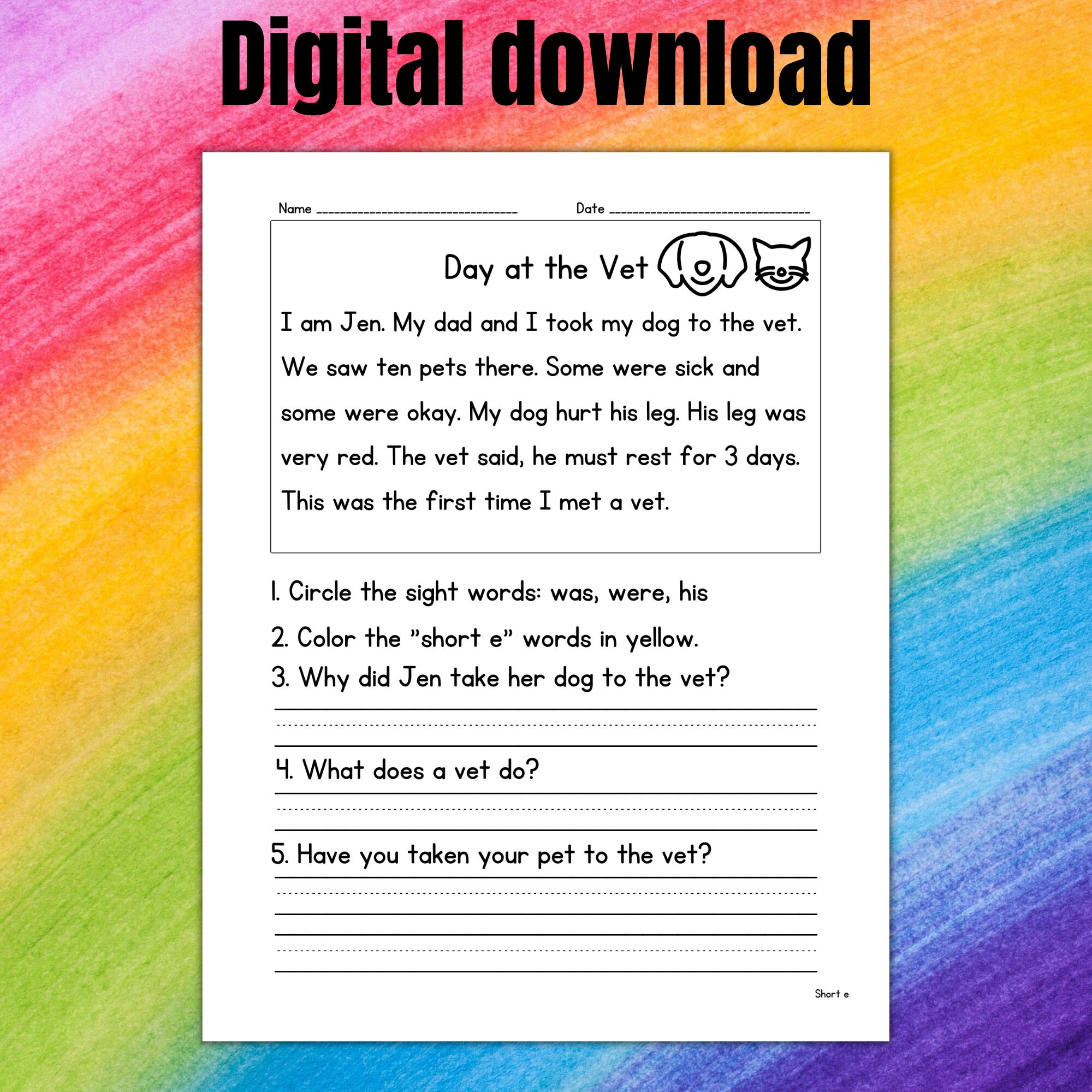 Differentiated Phonics short E Story Passage Reading Comprehension ...