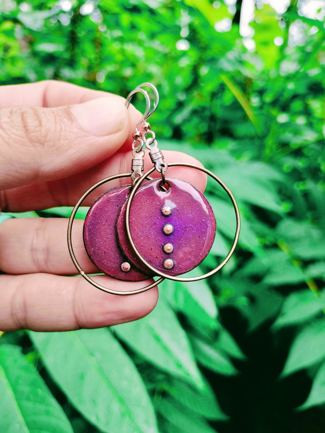 Mulberry Copper Enamel Hoops Suspended From Brass Hoops Kiln Fired OOAK ...