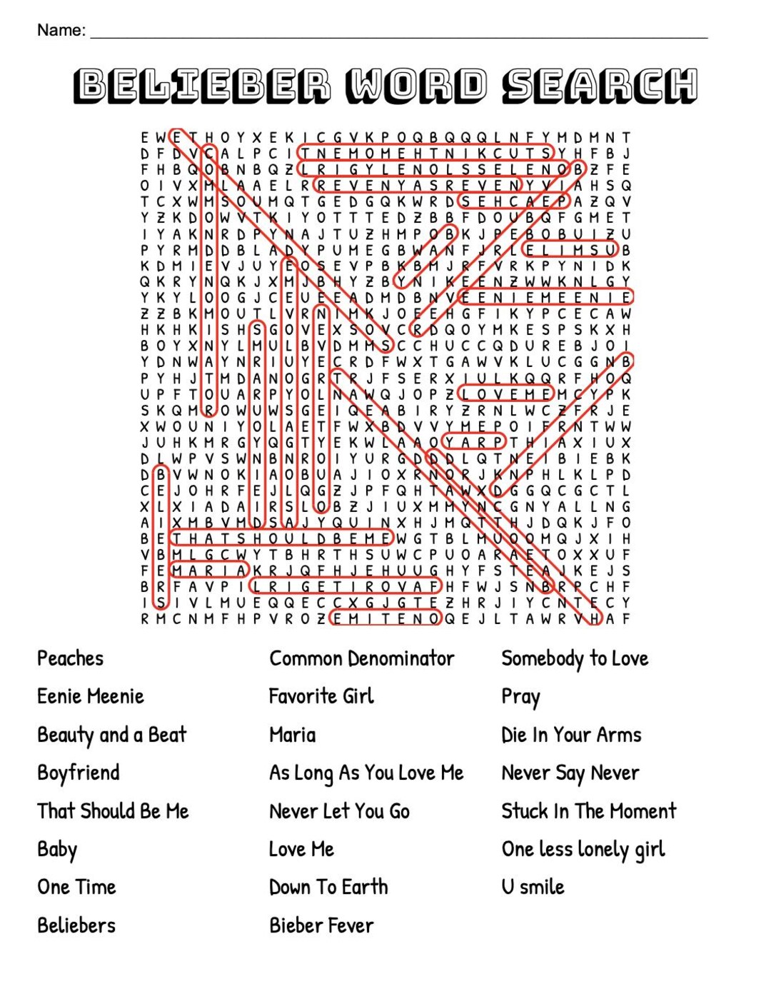 Justin Bieber Word Search - Etsy