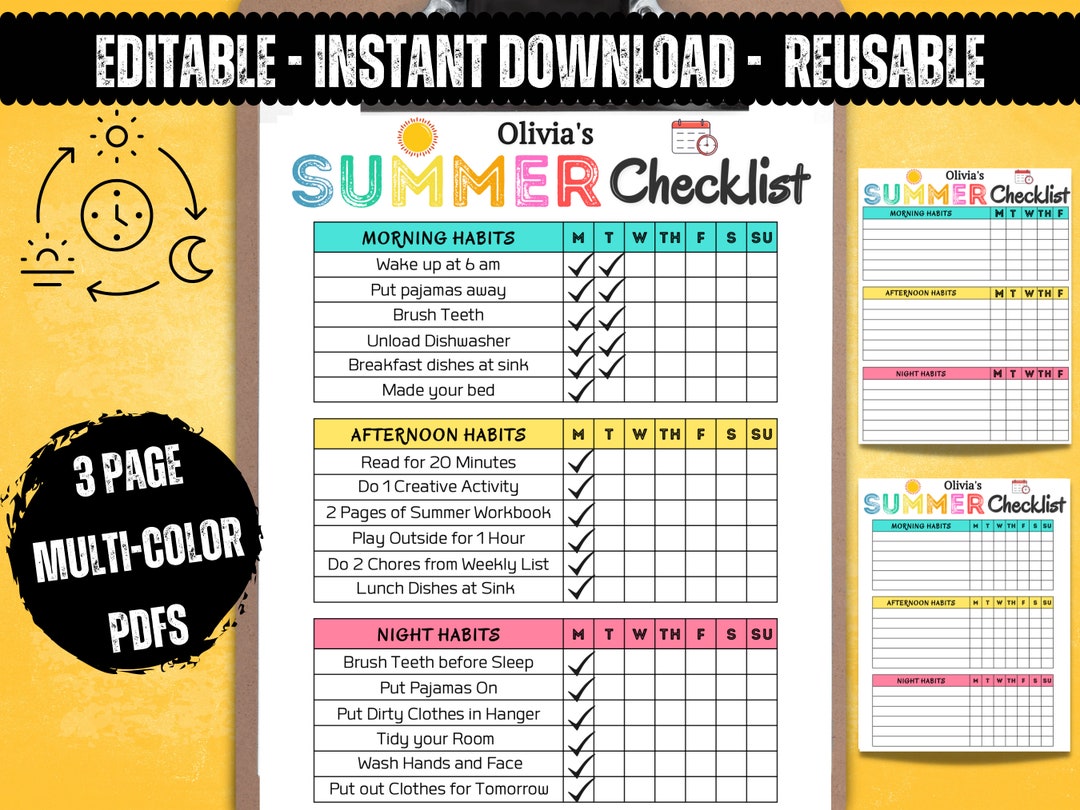 Summer Checklist, Editable Summer Daily Checklist for Kids, Printable ...