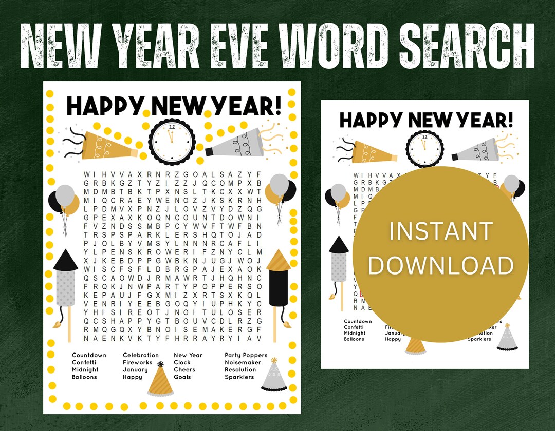 Happy New Year Word Search Printable Game 2023 New Year's Eve Holiday ...