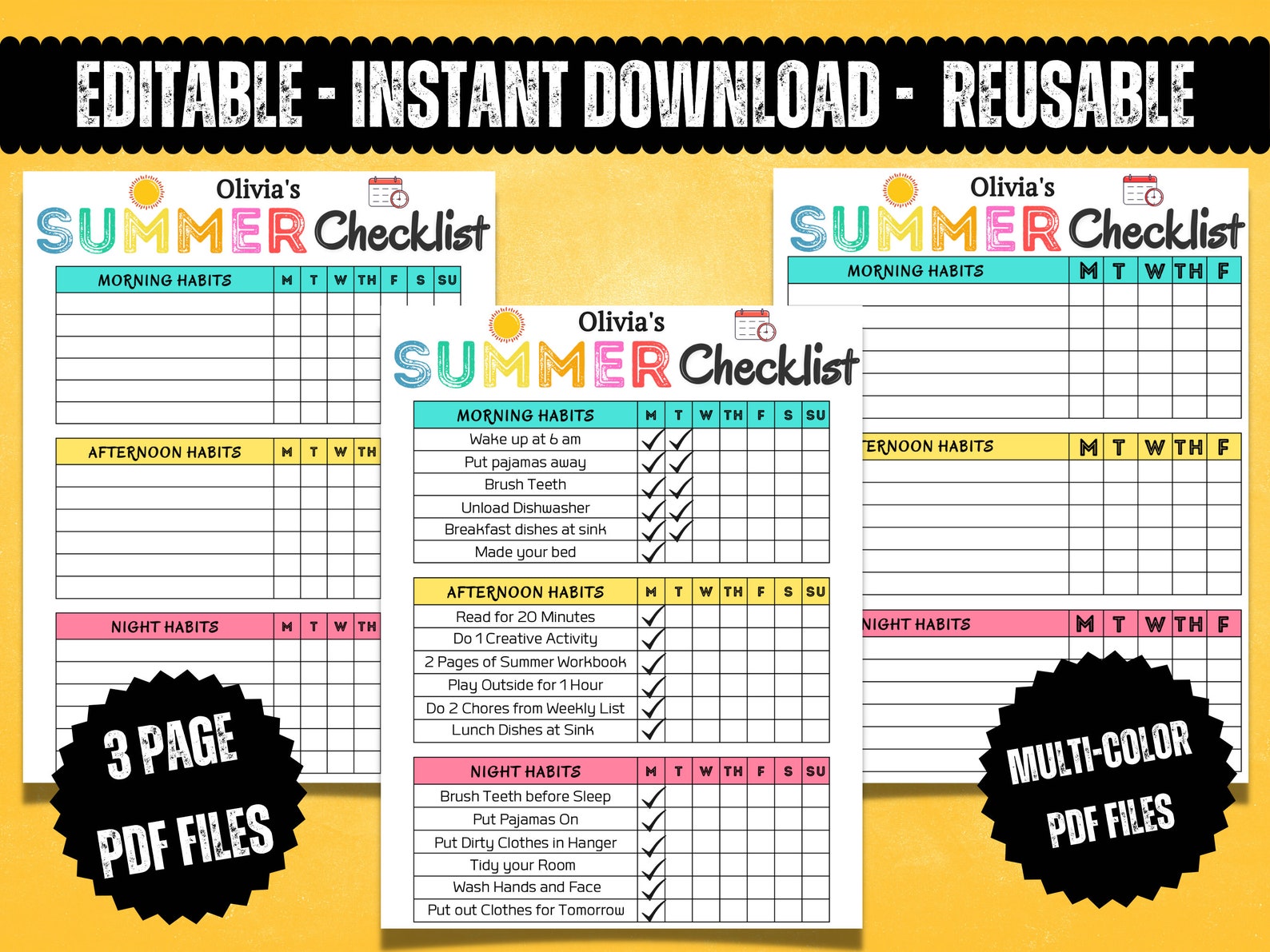 Editable Summer Checklist for Kids, Printable Chore Chart (instant ...