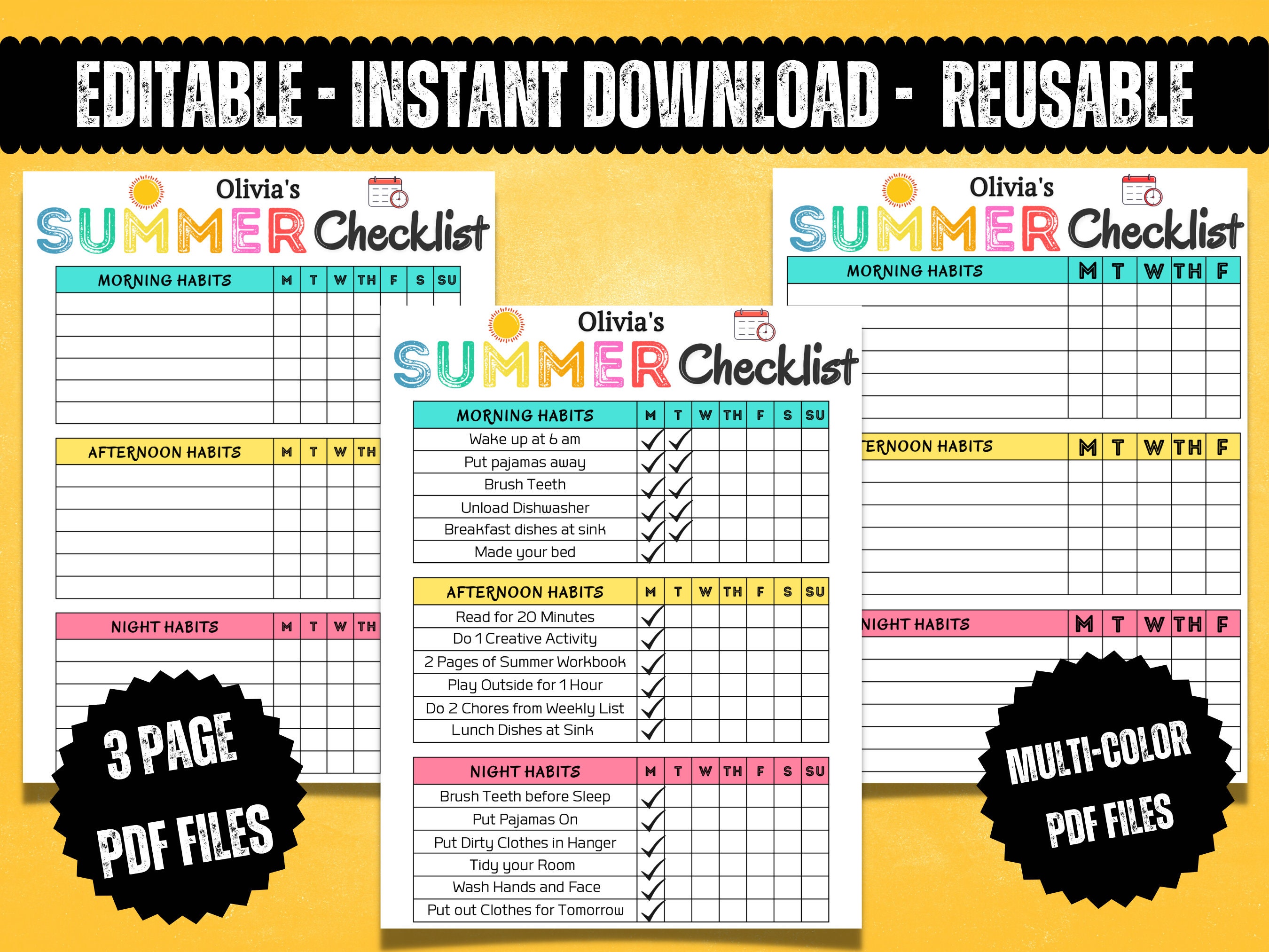 Editable Summer Checklist for Kids, Printable Chore Chart (instant ...