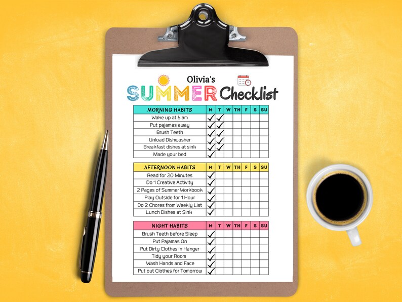 Editable Summer Checklist for Kids, Printable Chore Chart (instant ...