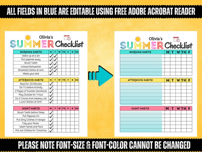Editable Summer Checklist for Kids, Printable Chore Chart (instant ...