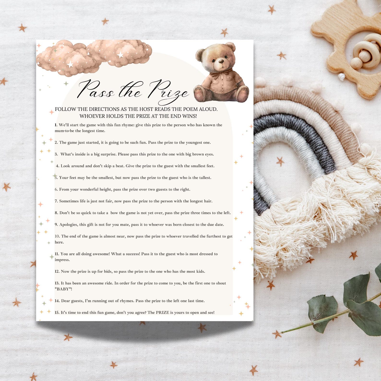 Pass the Prize Poem Game, Printable Baby Shower Games, Minimalist White ...