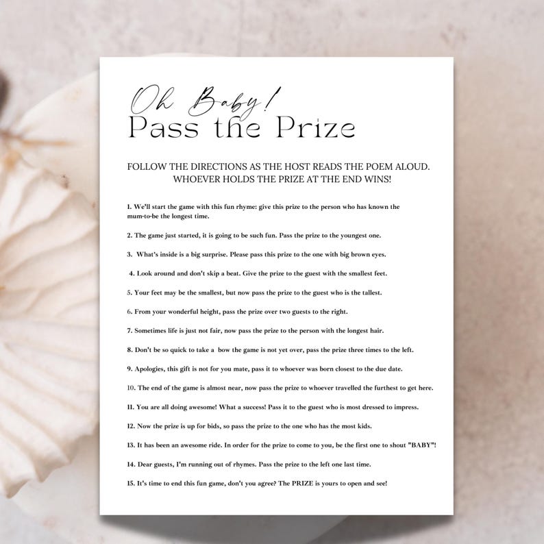 Pass the Prize Poem Game, Printable Baby Shower Games, Minimalist White ...