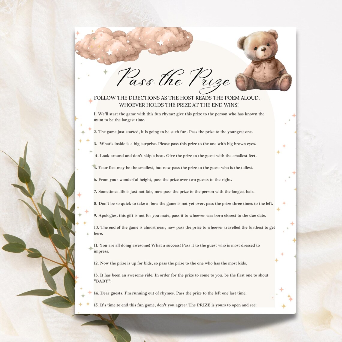 Pass the Prize Poem Game, Printable Baby Shower Games, Minimalist White ...