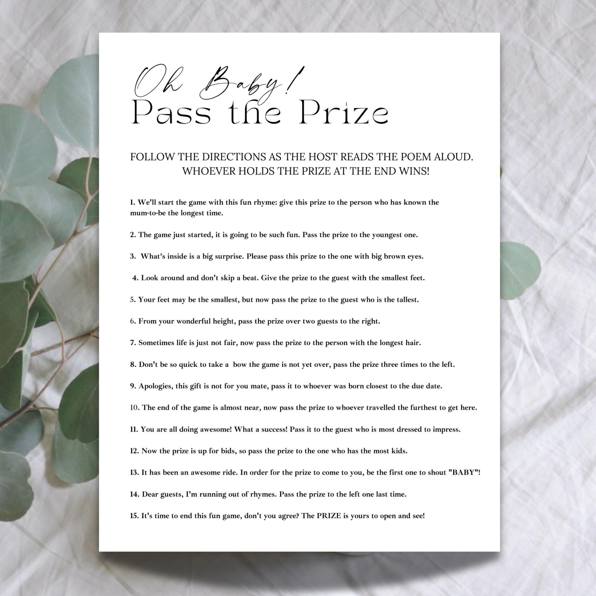 Pass the Prize Poem Game, Printable Baby Shower Games, Minimalist White ...