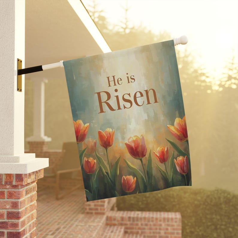 He is Risen Garden Flag, Tulips Spring Decor, Easter Decor, Christian ...
