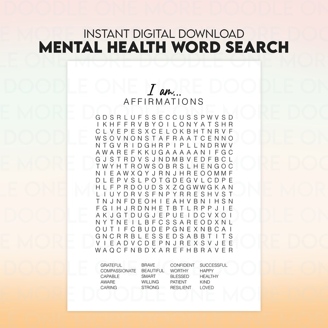 Self Affirmations Word Search, Mental Health Printable File, I Am ...