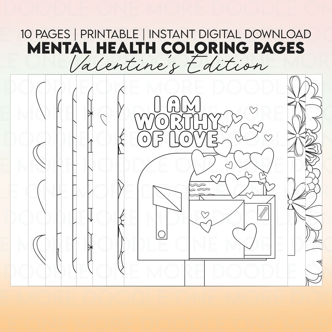 Set 2, Valentines Day Coloring Pages, Mental Health Print, Teens and ...