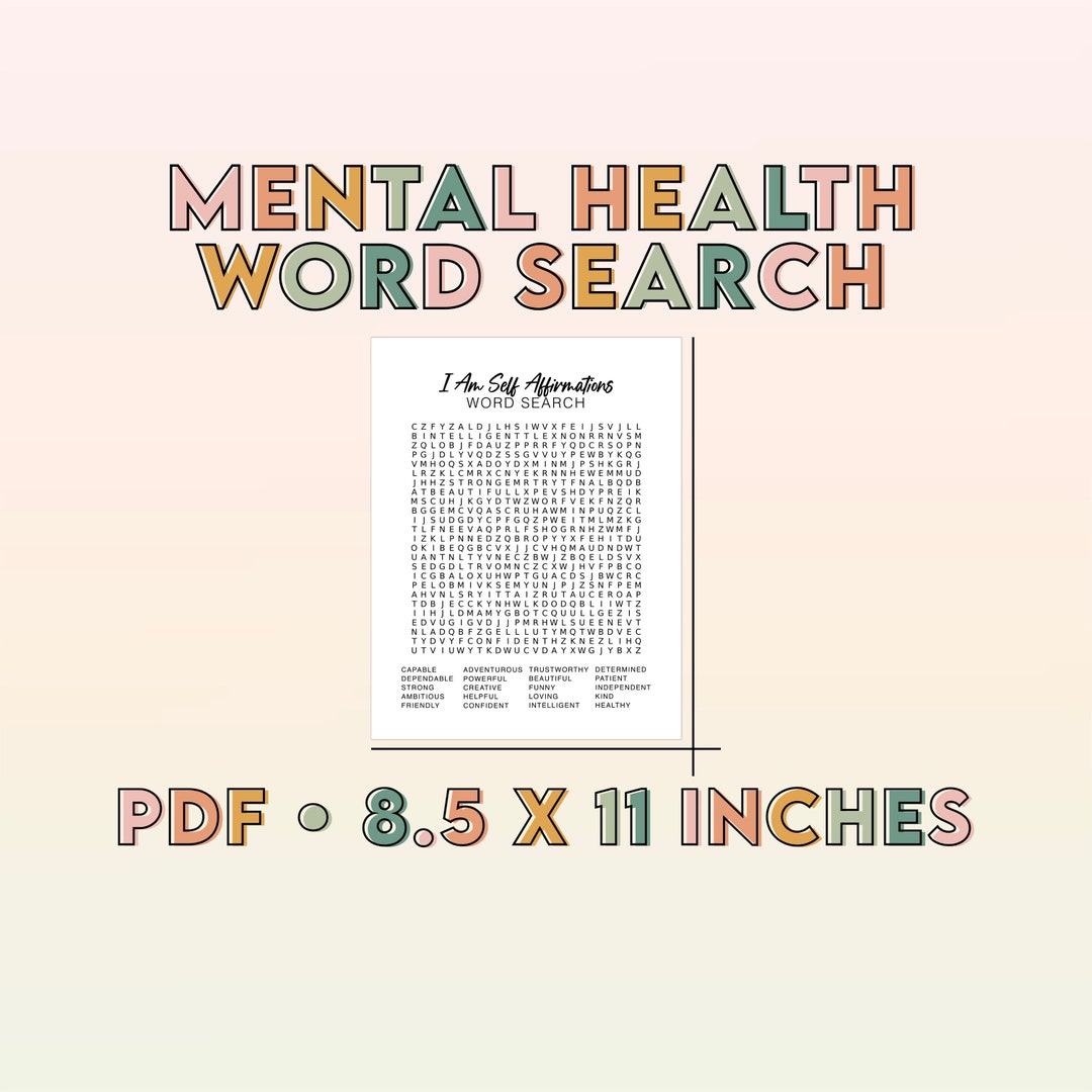 Word Search, Positive Affirmations, Mental Health Printable Worksheet ...