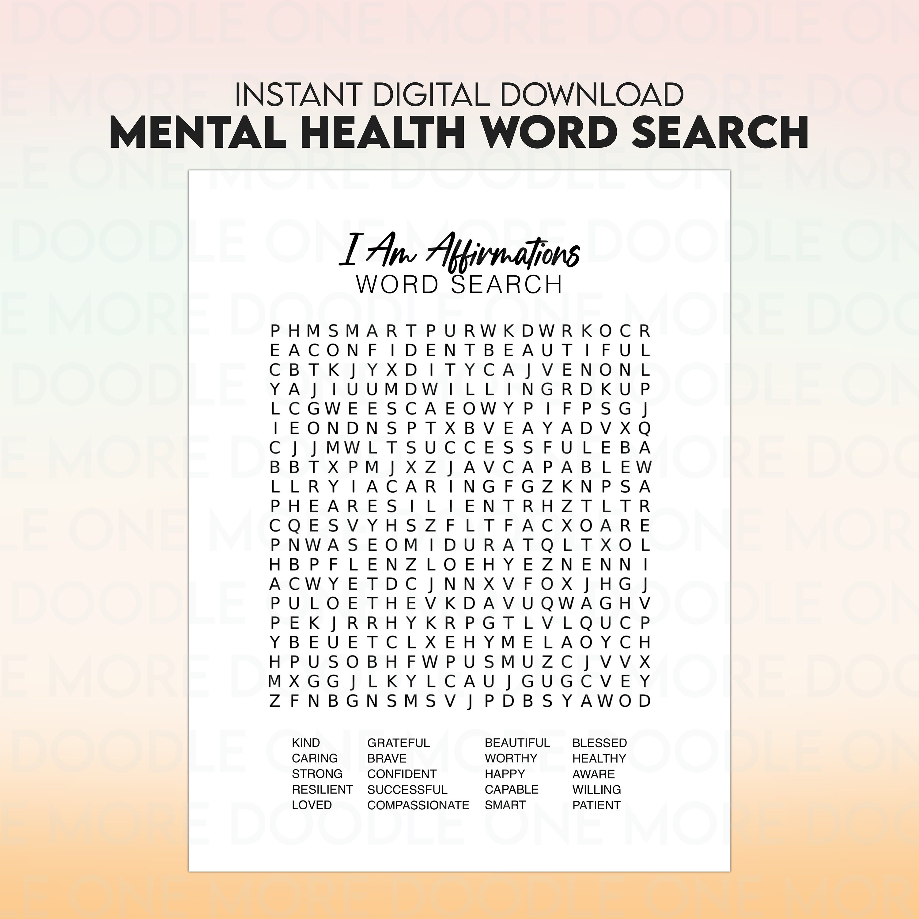 Self Affirmations Word Search, Mental Health Printable File, I Am ...