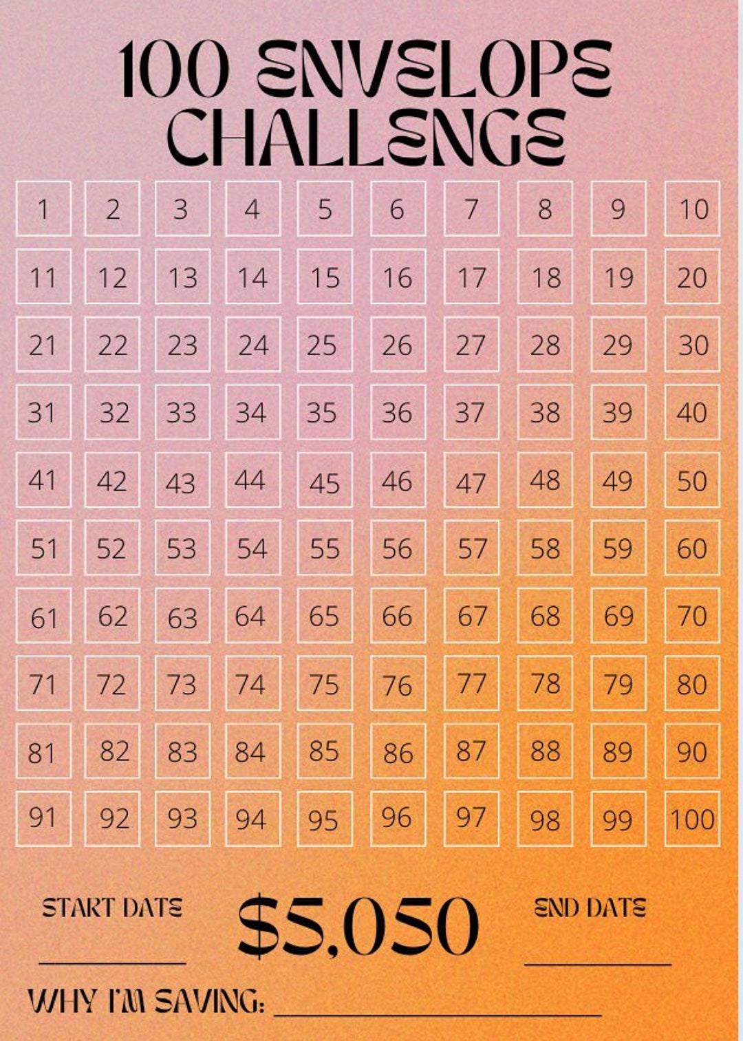 100 Envelope Challenge Template - Etsy