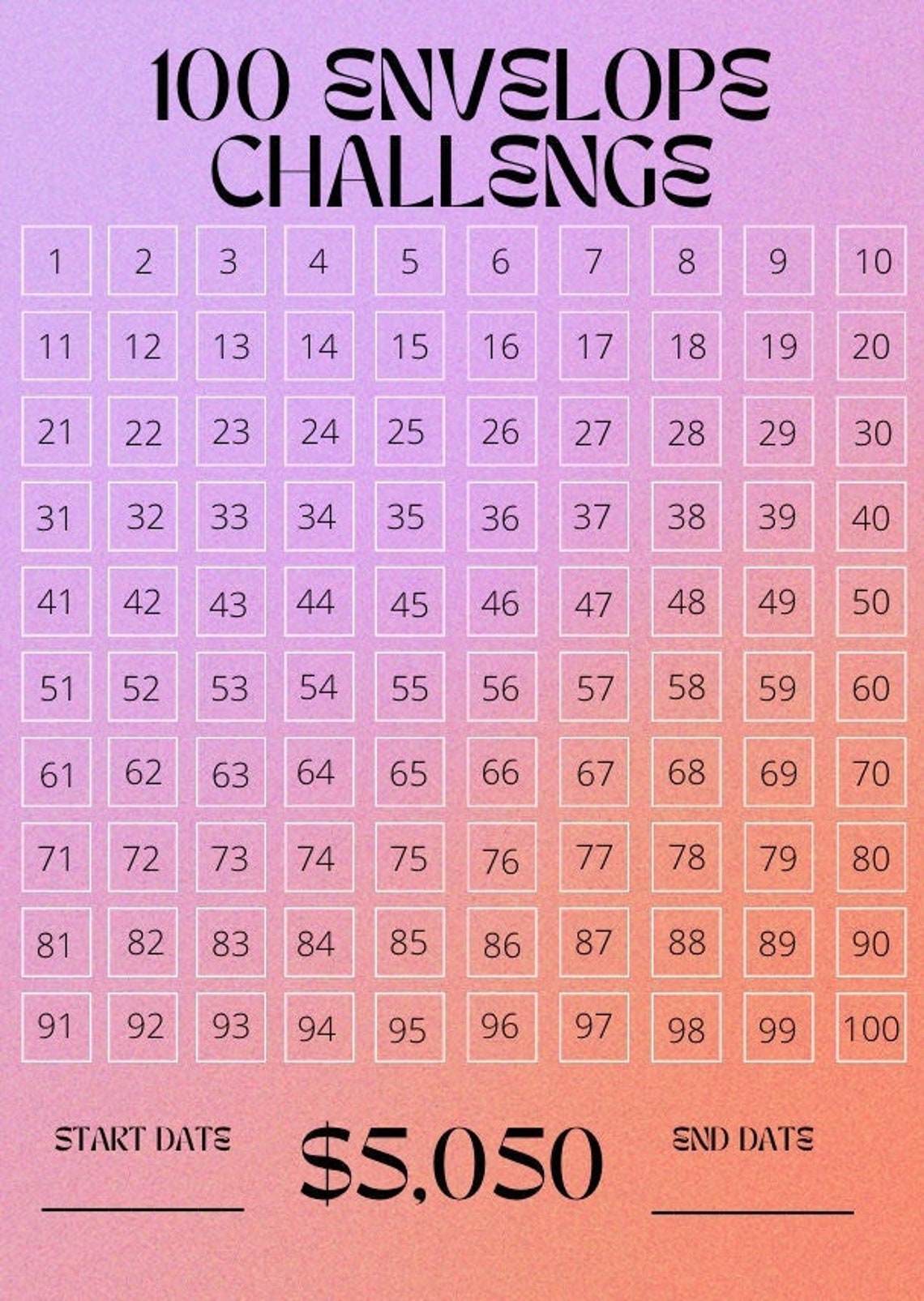 100 Envelope Challenge Template - Etsy