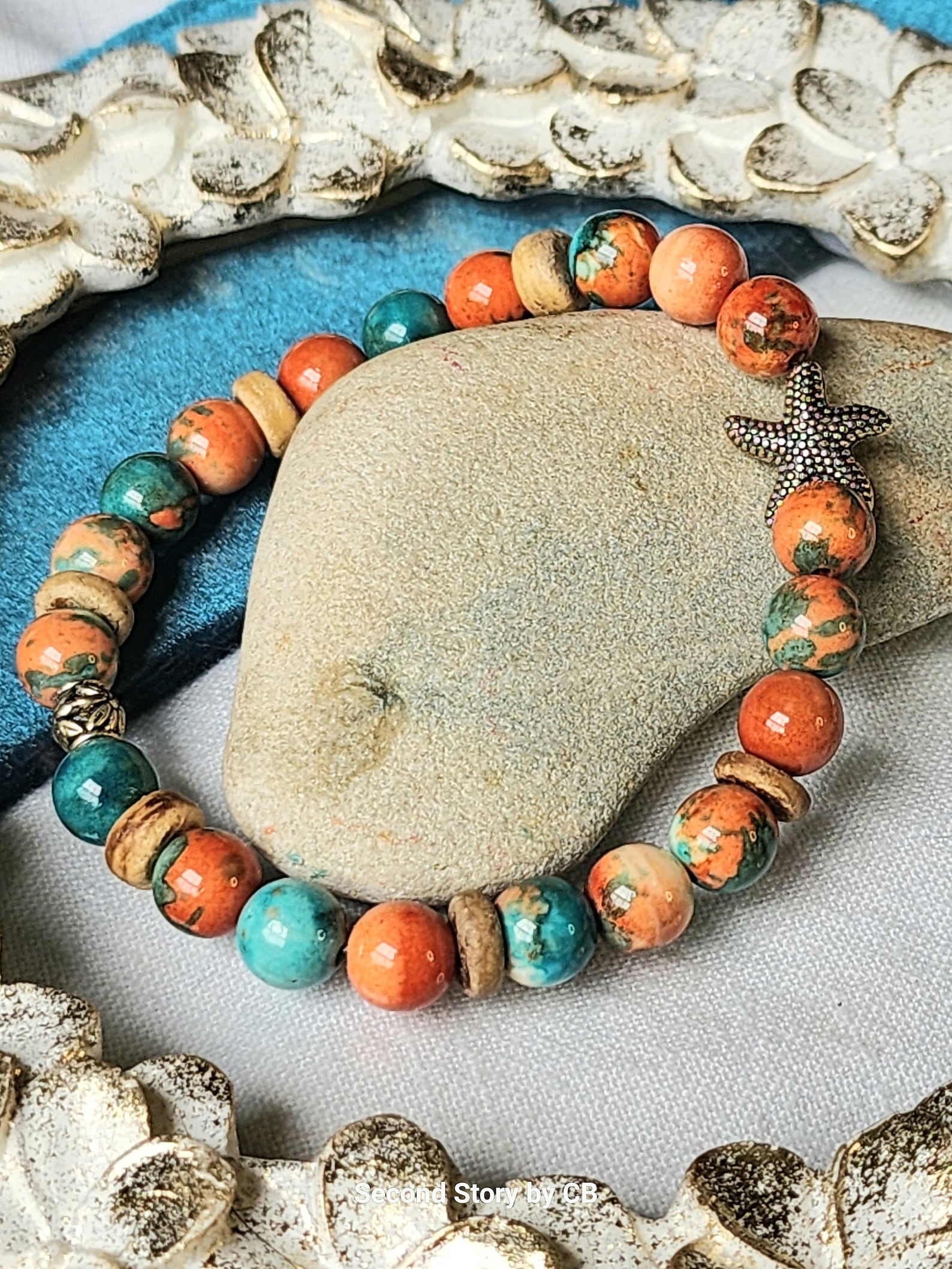 Blue/orange Ocean Jade Stretch Bracelet Starfish Charm Ocean Inspired ...