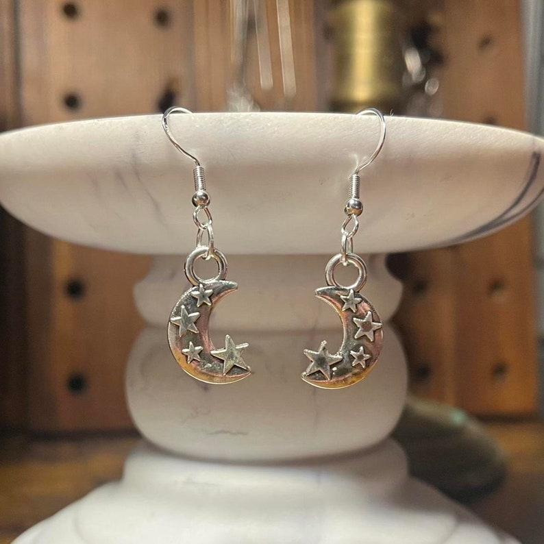 Handmade Whimsigoth Indie Mini 3d Star Moon Silver Plated Fish Hook ...