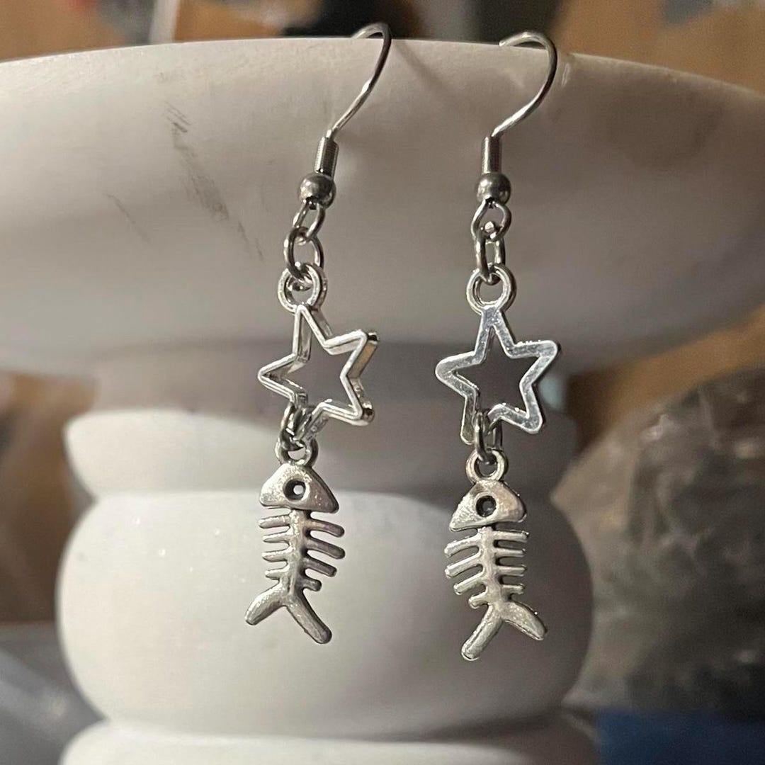 Handmade Y2k Whimsigoth Punk Fish Skeleton and Hallow Star Charms Fish ...