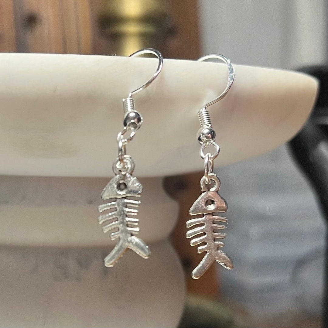 Handmade Y2k Punk Silver Fish Skeleton Fish Hook Plated Dangle Earrings ...