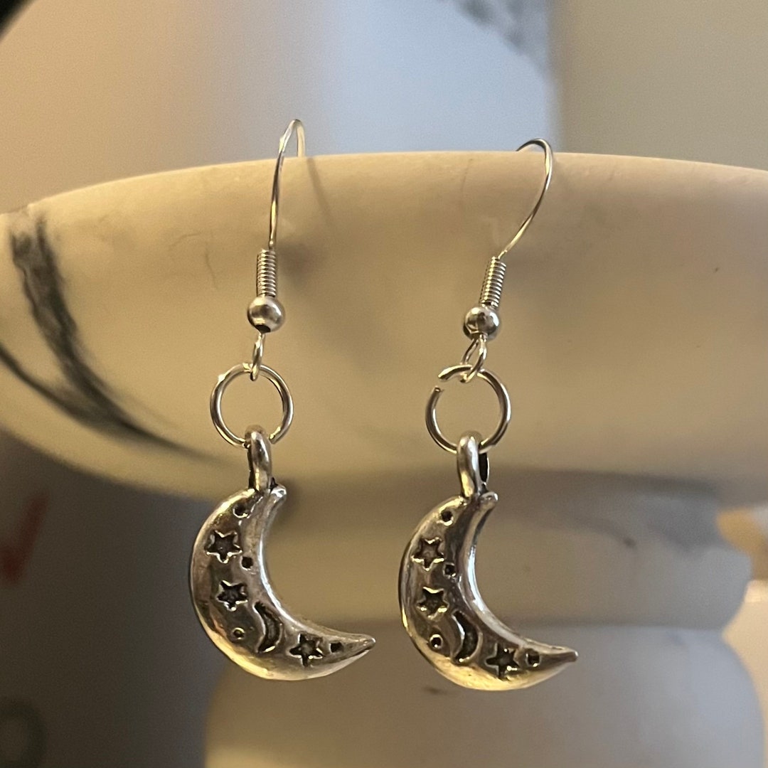 Handmade Whimsigoth Moon With Star Engravings Silver Fish Hook Plated ...