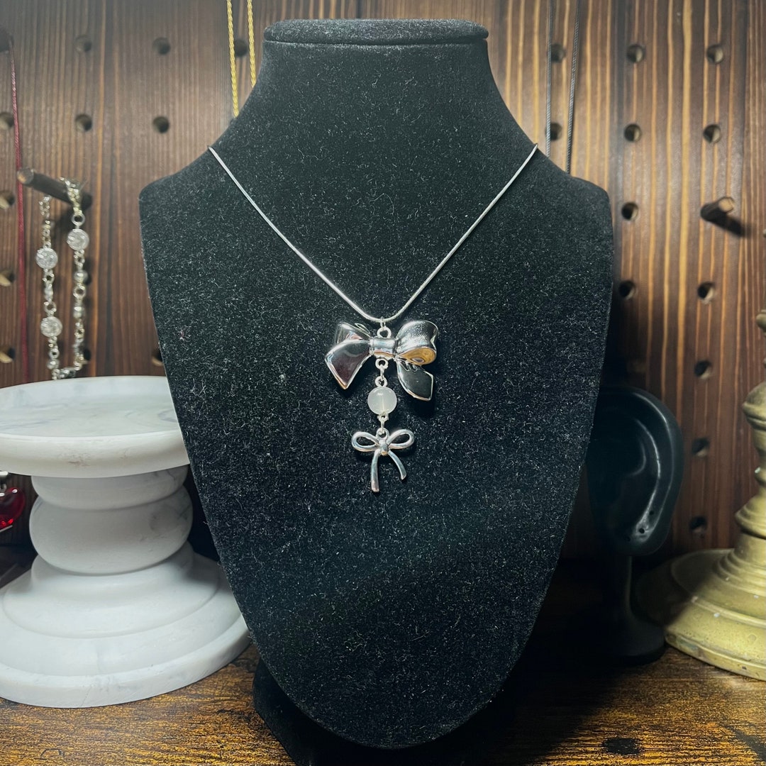 Handmade Coquette Y2k Silver Plated Snake Cord Necklace With Double Bow ...