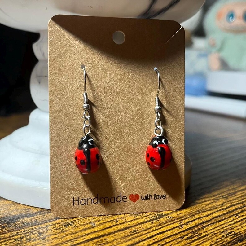 Handmade Y2K Lampwork Ladybug Dangle Earrings - Etsy
