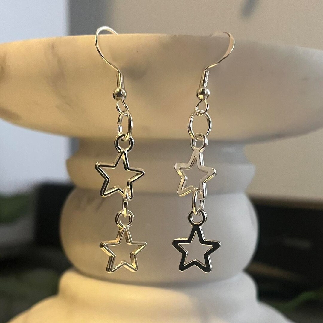 Handmade Whimsigoth Double Star Dangle Silver Fish Hook Plated Dangle ...