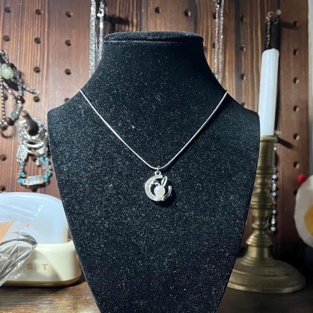 Handmade Y2k Snake Cord Silver Necklace With Playboy Bunny Rhinestone ...